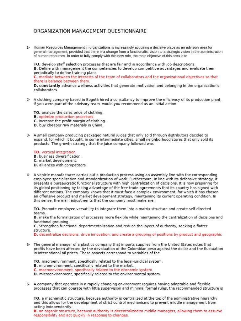ORGANIZATIONAL MANAGEMENT QUESTIONNAIRE | PDF | Organizational ...