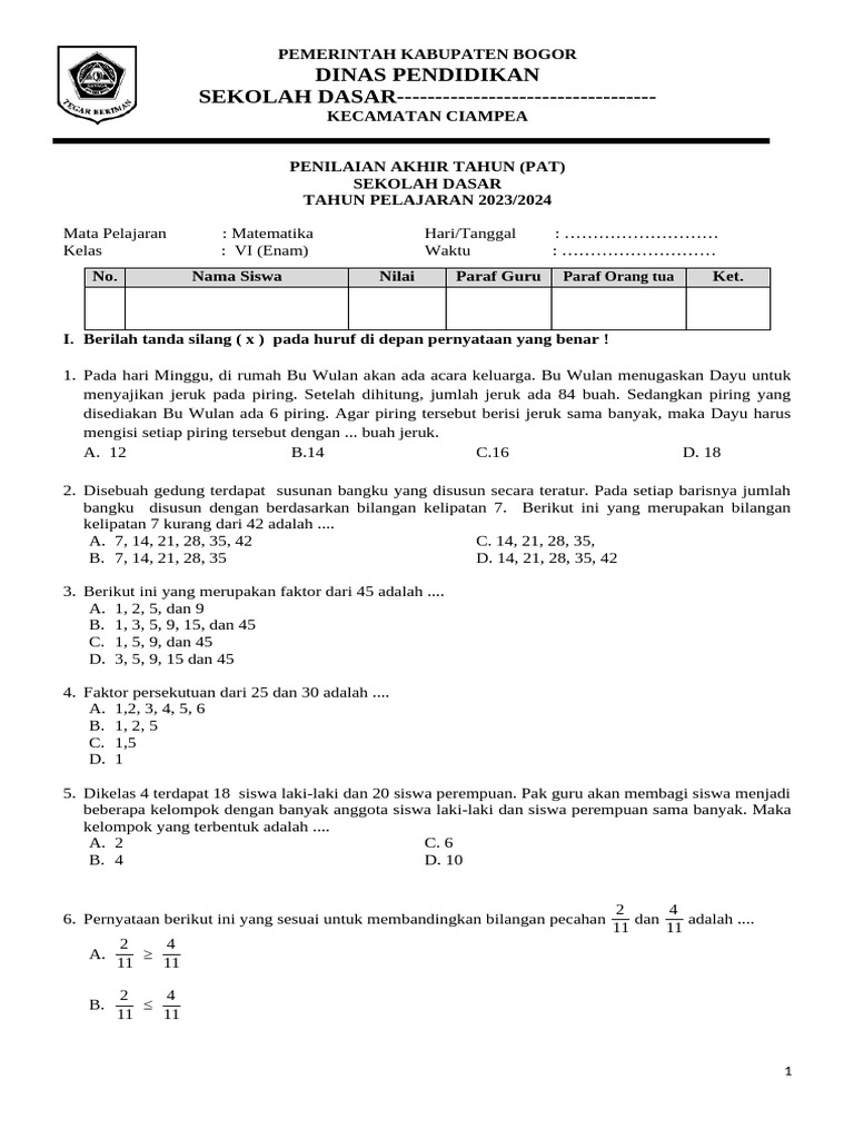 Soal Pat Matematika Kelas 4 - 2023-2024 | PDF