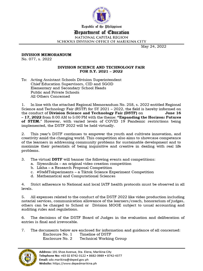Division Memorandum No. 077, S. 2022 - Division Science and Technology Fair (DSTF) | PDF