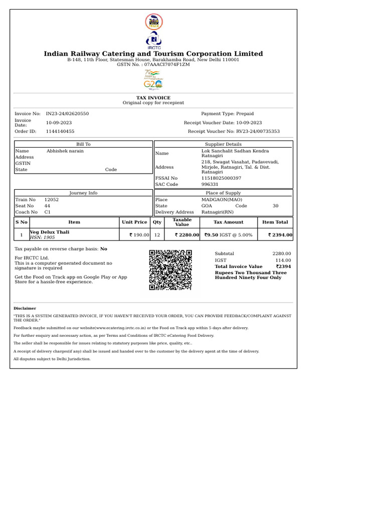 IRCTC Food Invoice and Pricing Details | PDF | Receipt | Invoice