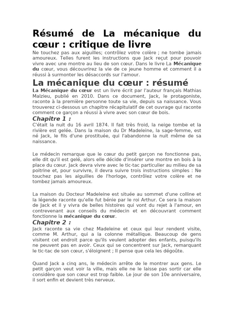 Résumé de La Mécanique du Cœur | PDF