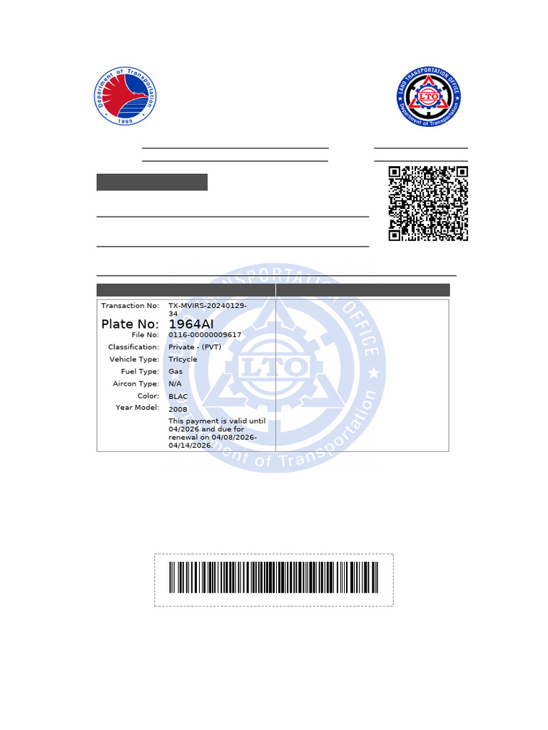 Official Receipt of LTO MOTOR | PDF