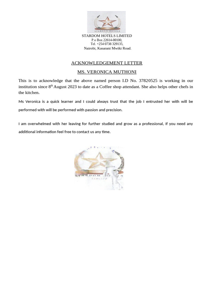 Acknowledgment Letter for Veronica Muthoni | PDF