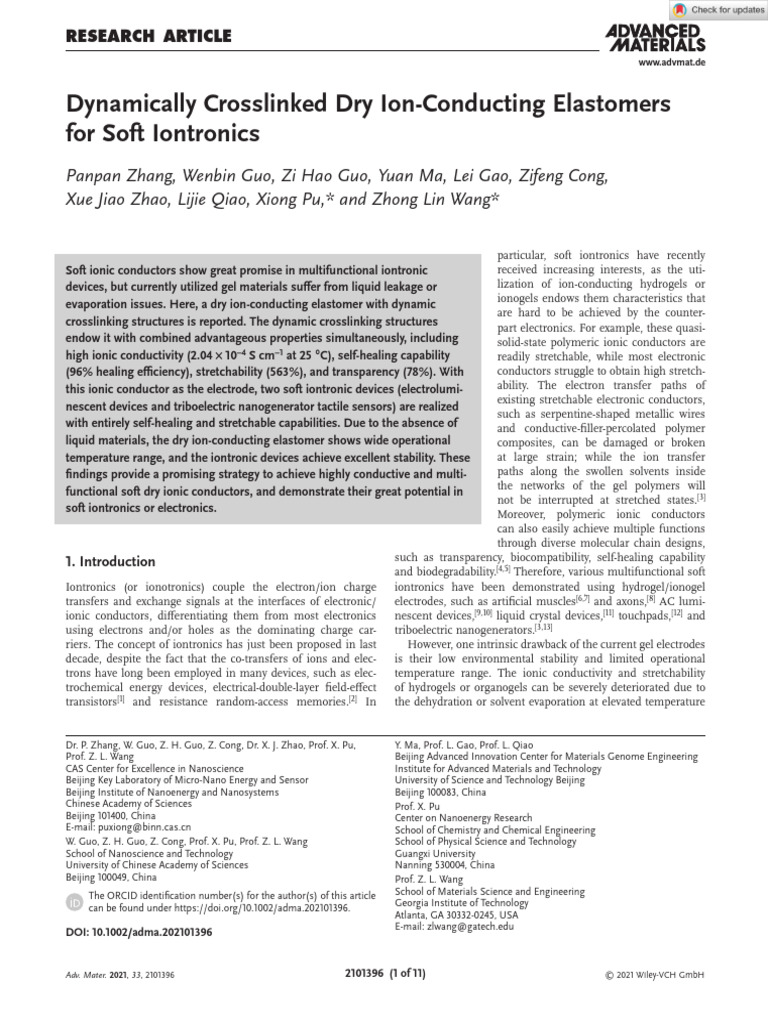 Advanced Materials - 2021 - Zhang - Dynamically Crosslinked Dry Ion ...