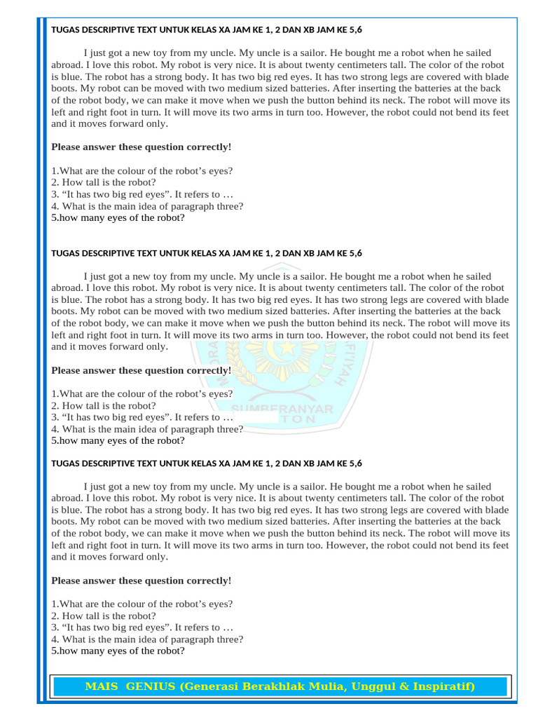 Descriptive Text Assignment for Class XA & XB | PDF
