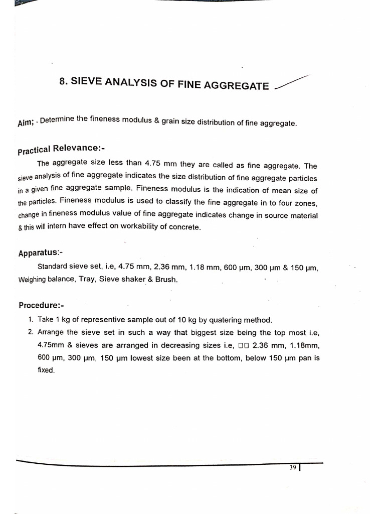 Sieve and Specific Gravity of Fine Aggregate | PDF