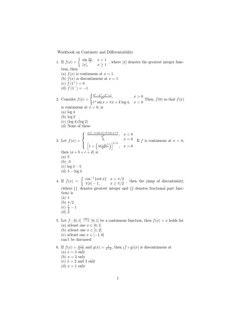 Workbook On Continuity and Diff | PDF