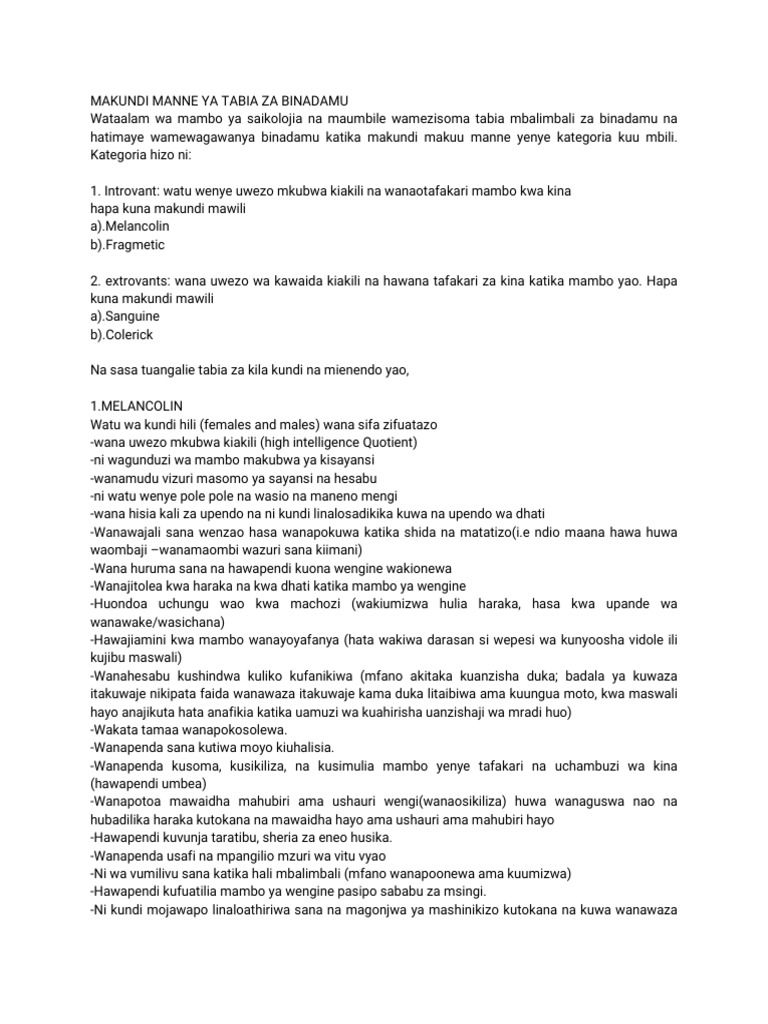 Makundi Manne Ya Tabia Za Binadamu | PDF
