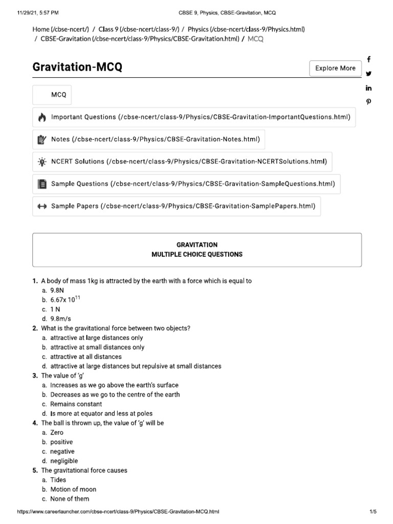 Gravitation MCQ 1 | PDF