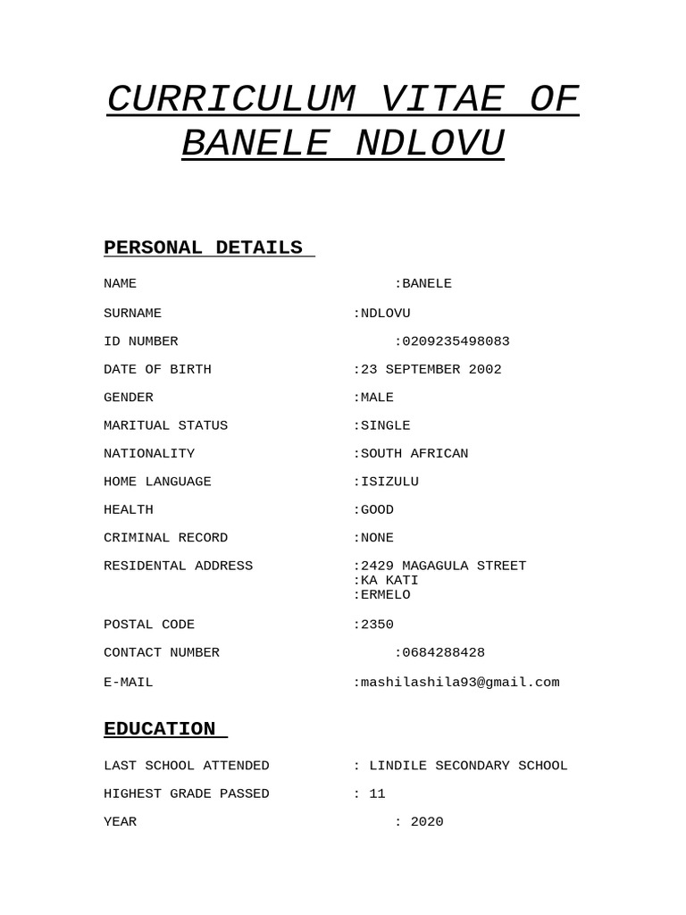 Curriculum Vitae For Banele Ndlovu | PDF