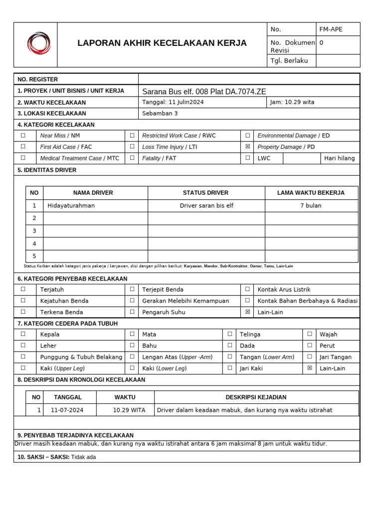 Laporan Kecelakaan Kerja | PDF