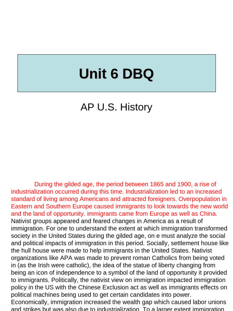 Unit 6 DBQ Student Samples - Immigration DBQ | PDF | Immigration ...