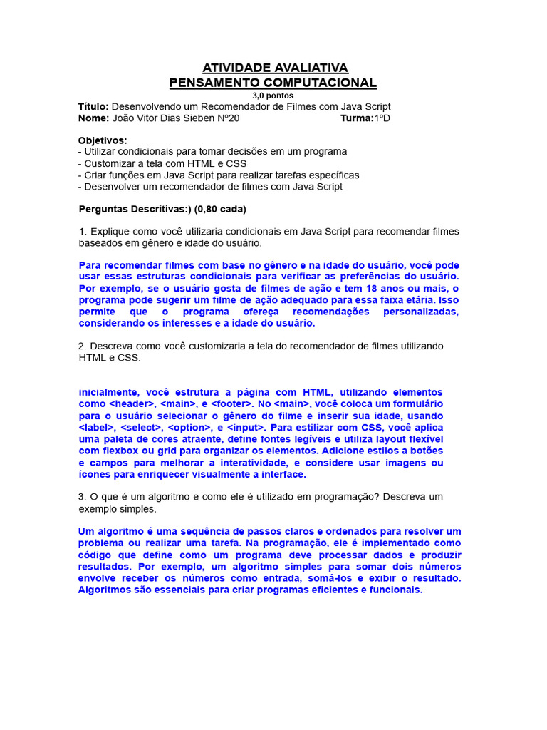 Joao Vitor Dias Sieben - Atividade Avaliativa DN Branca | PDF | Script Java | Html