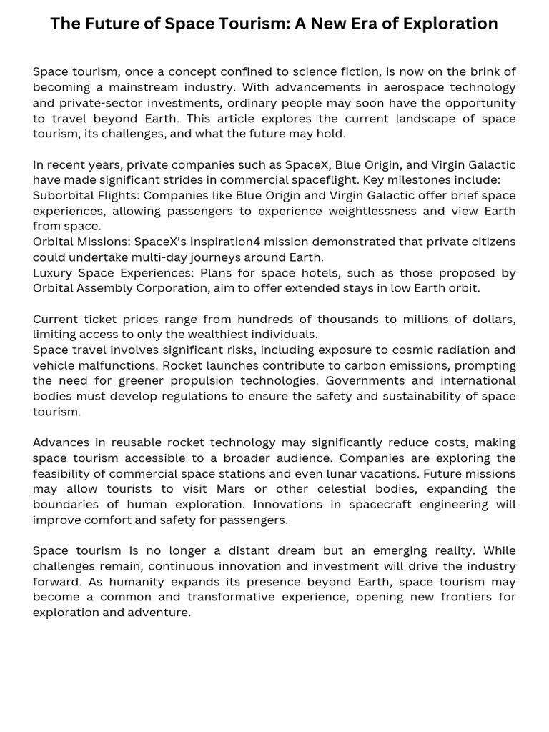 The Future of Space Tourism A New Era of Exploration | PDF