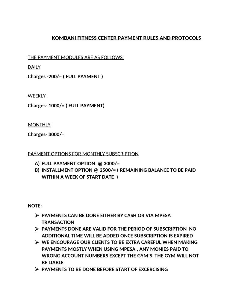 Kombani Fitness Center Payment Rules and Protocols | PDF