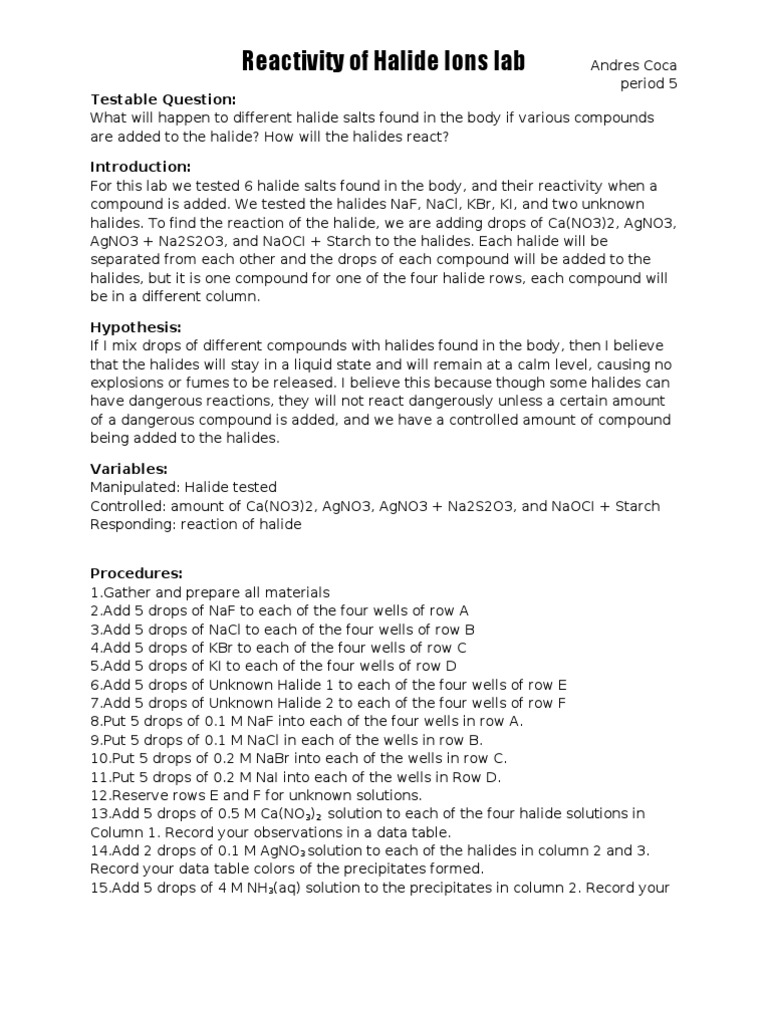 Halide Ion Reactivity Lab Results | PDF | Atoms | Chemistry