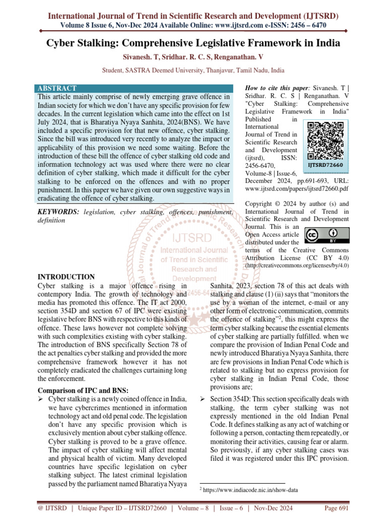Cyber Stalking Comprehensive Legislative Framework in India | PDF ...