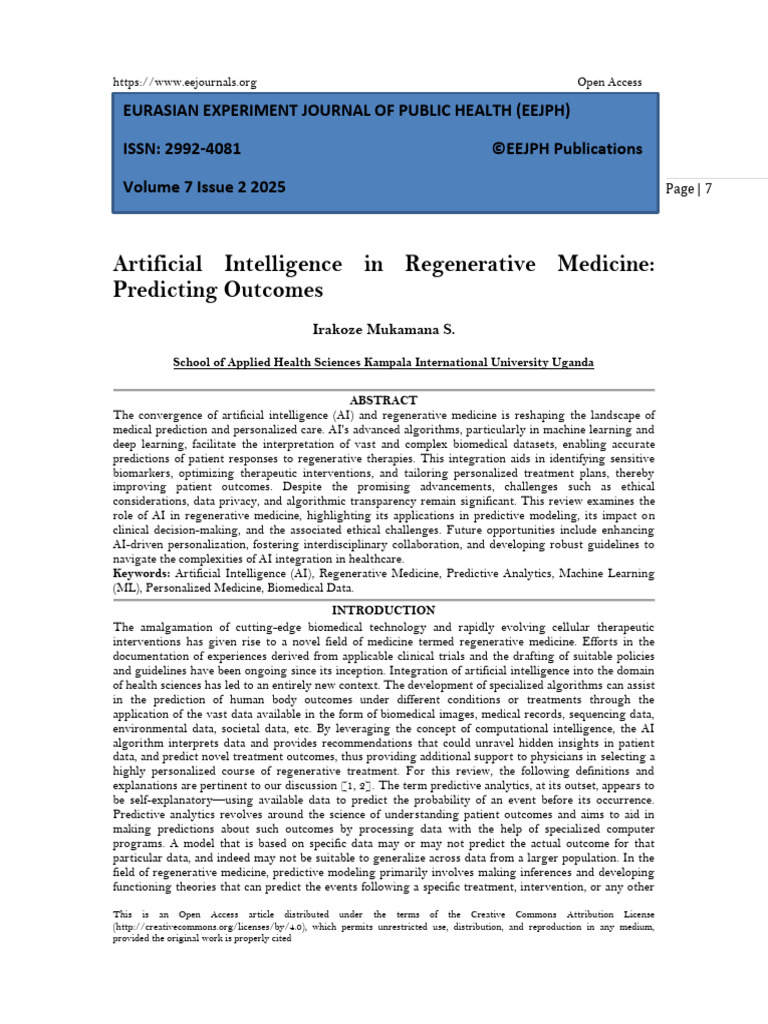 Artificial Intelligence in Regenerative Medicine: Predicting Outcomes (www.kiu.ac.ug) | PDF ...