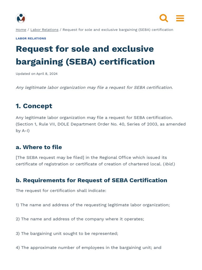 Request For Sole and Exclusive Bargaining (SEBA) Certification - Labor ...