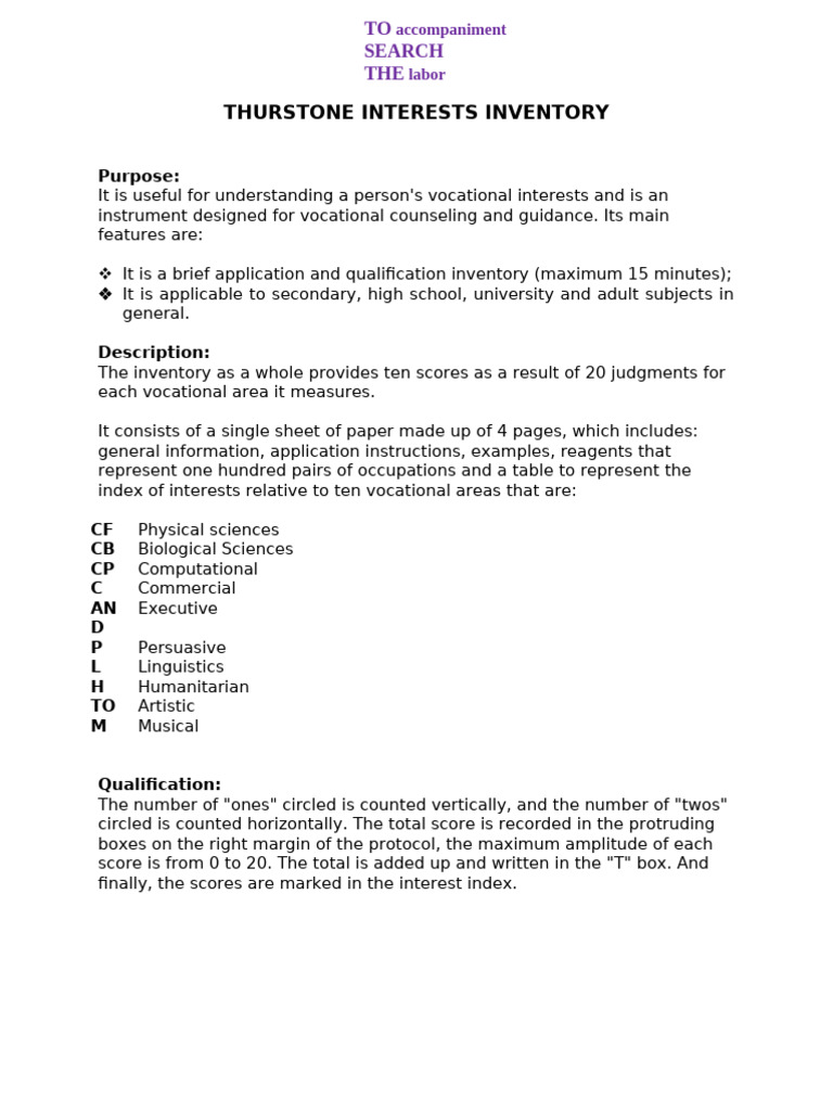 Thurstone's Inventory of Interests | PDF