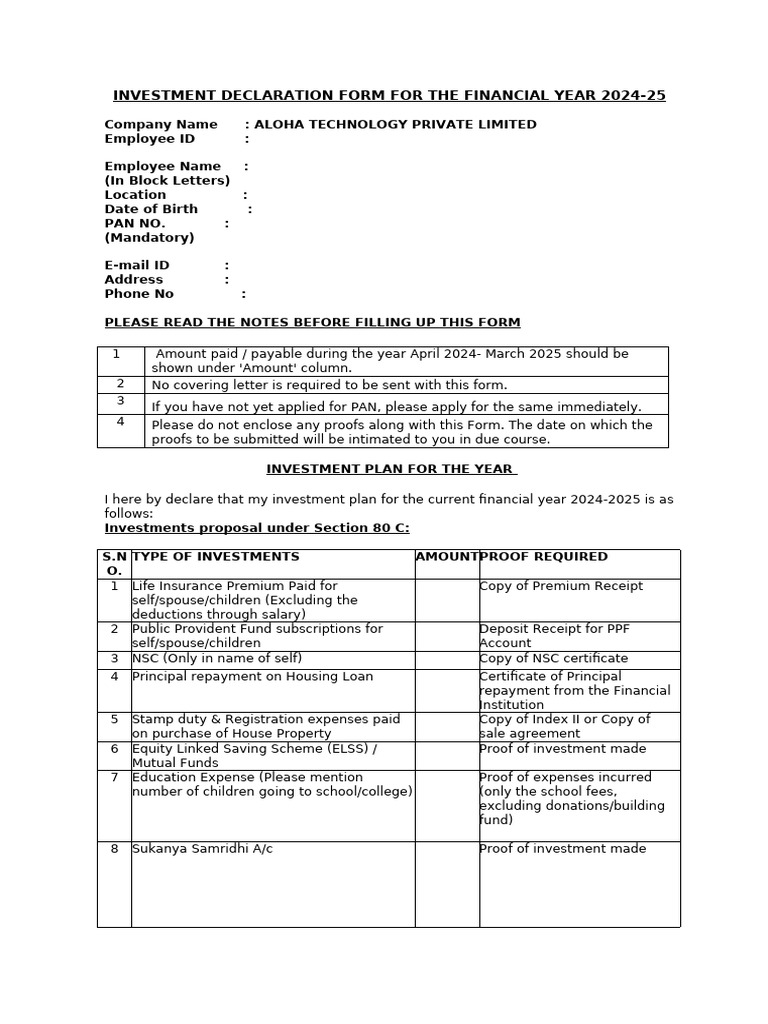 ALOHA Investment Declaration 2024-25 | PDF | Insurance | Economies