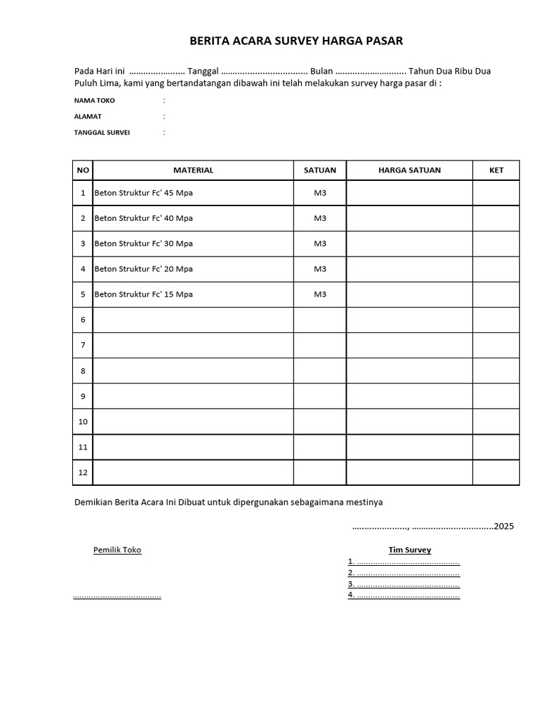 Format Survey Harga Bahan Bangunan | PDF