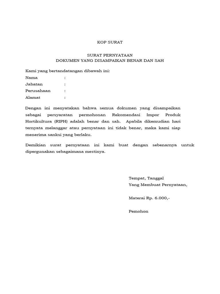 Surat Pernyataan Benar Sah | PDF