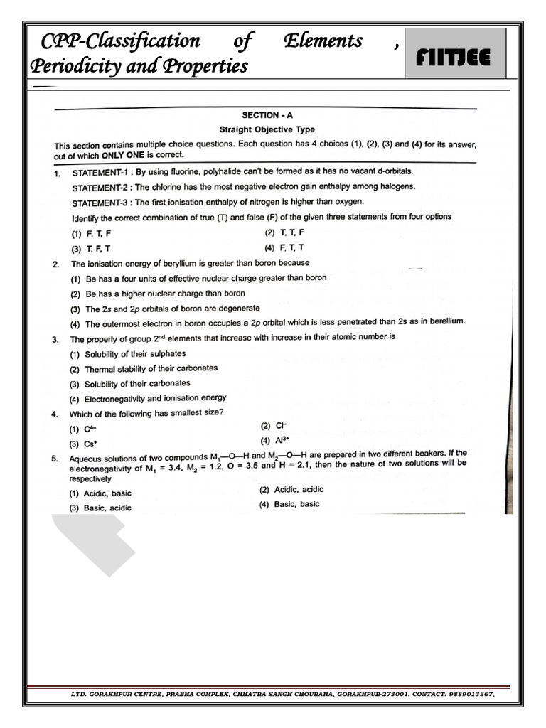 FIITJEE Gorakhpur: Element Periodicity | PDF