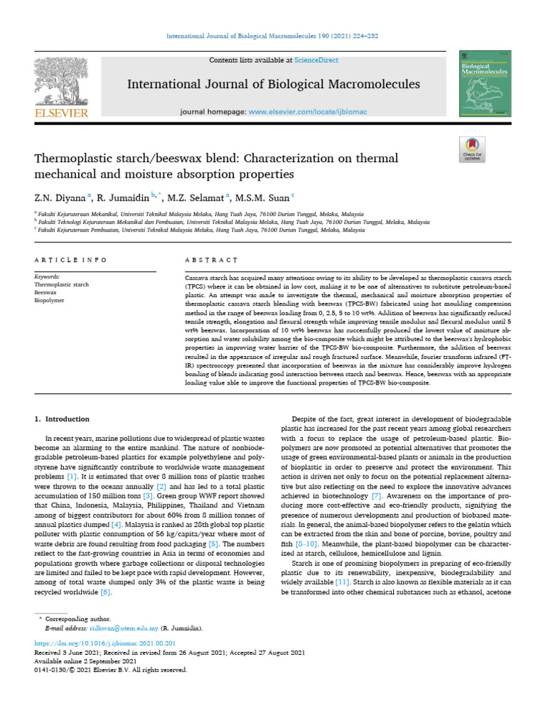 (Done) Thermoplastic Starch-Beeswax Blend - Characterization On Thermal ...