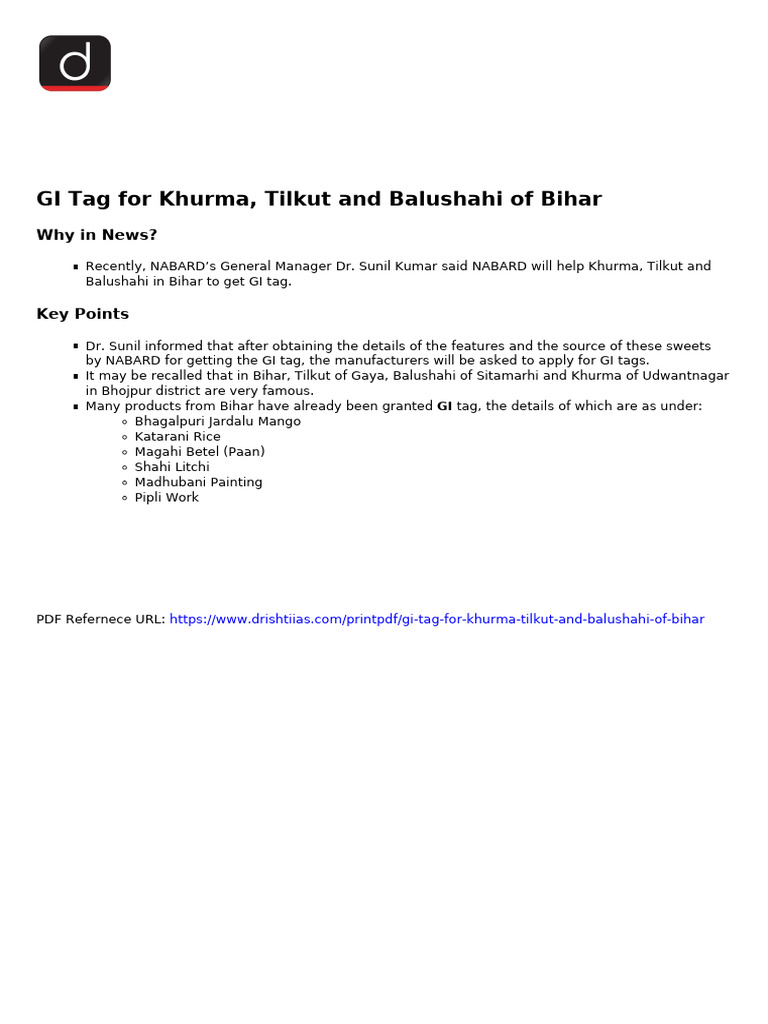 GI Tags for Bihar's Khurma, Tilkut, Balushahi | PDF