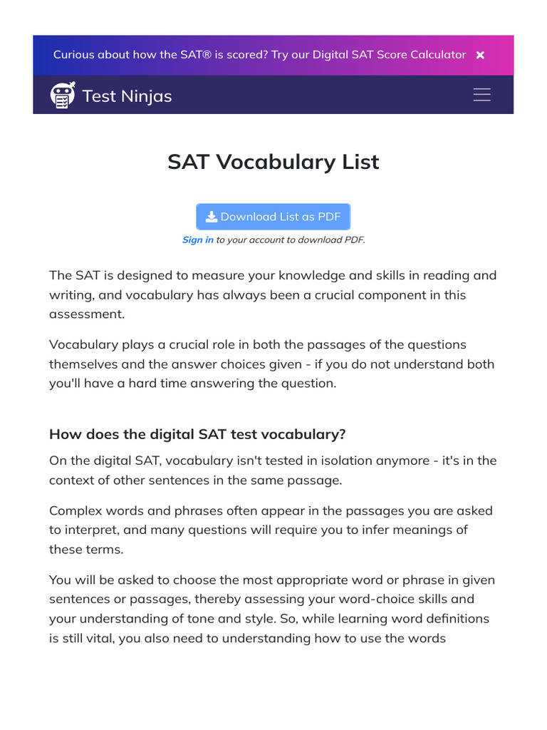 SAT Vocabulary List - Test Ninjas | PDF | Vocabulary | Sat