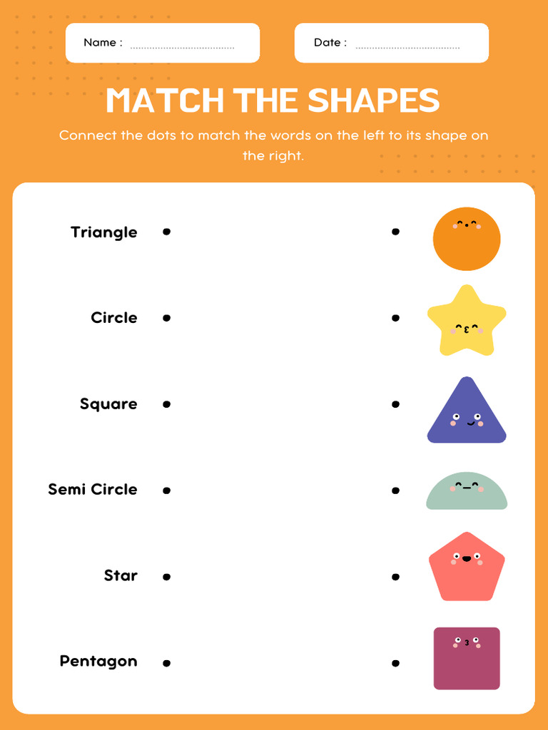 Illustration Matching Shapes Worksheet in Orange Colorful Style | PDF