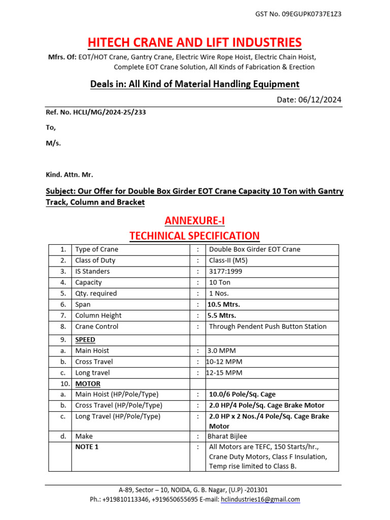 Dooc 233 DBG EOT 10 Ton With Column | PDF | Crane (Machine) | Gear