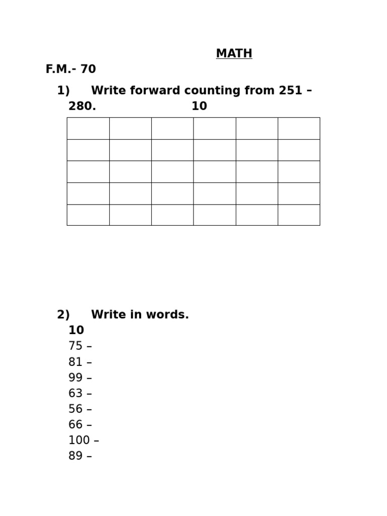 Math F.M.-70 1) Write Forward Counting From 251 - 280. 10 | PDF