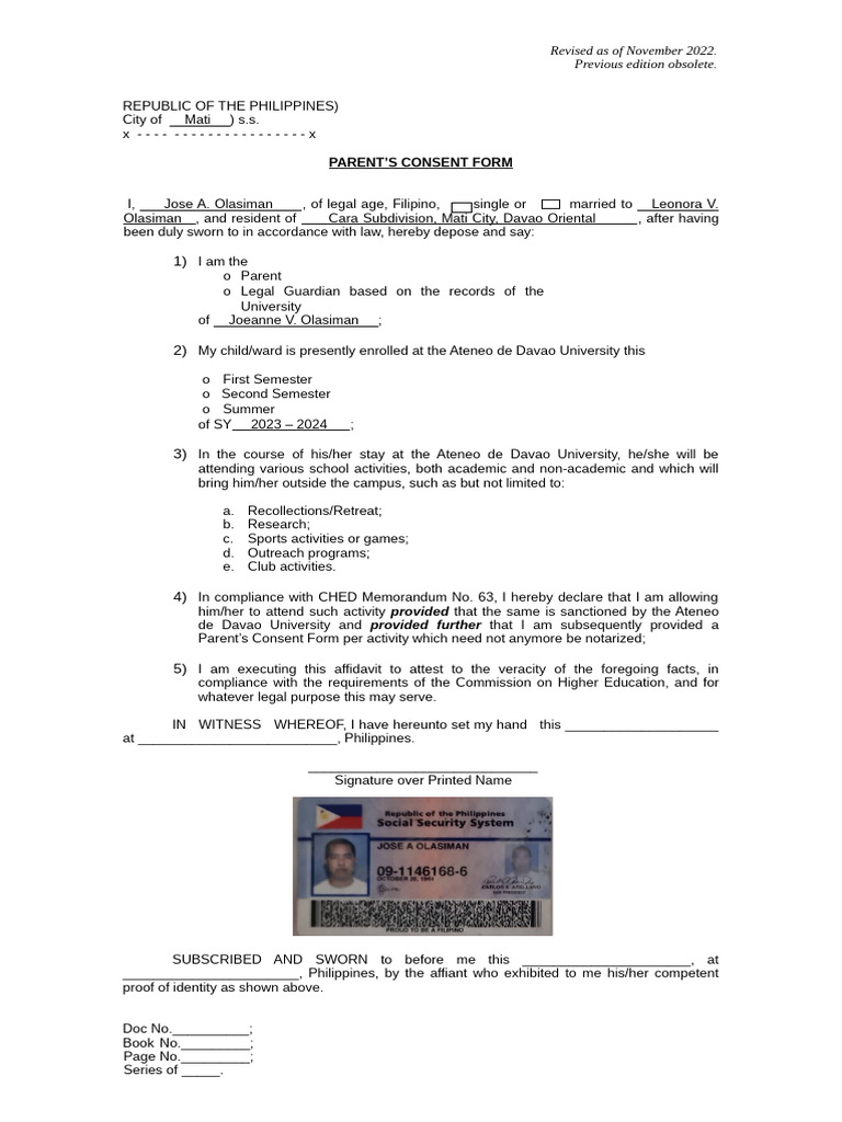 Parent's Consent and Undertaking Form | PDF | Affidavit
