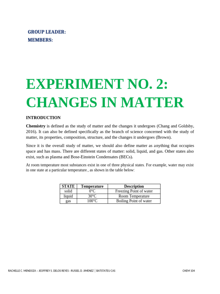 Experiment 3 Changes in Matter | PDF | Chemical Substances | Matter