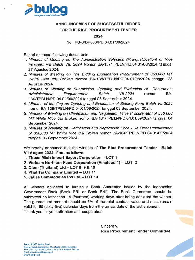 Announcement of Successful Bidder For The Rice Procurement Tender | PDF