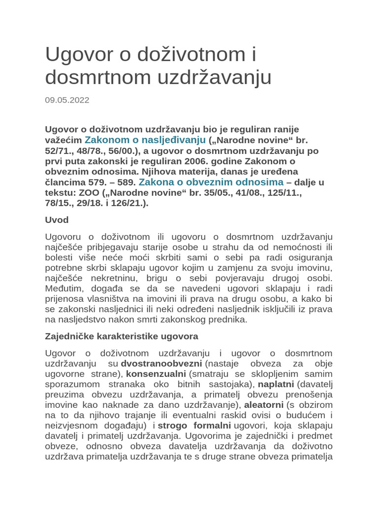 Ugovor o Doživotnom I Dosmrtnom Uzdržavanju | PDF