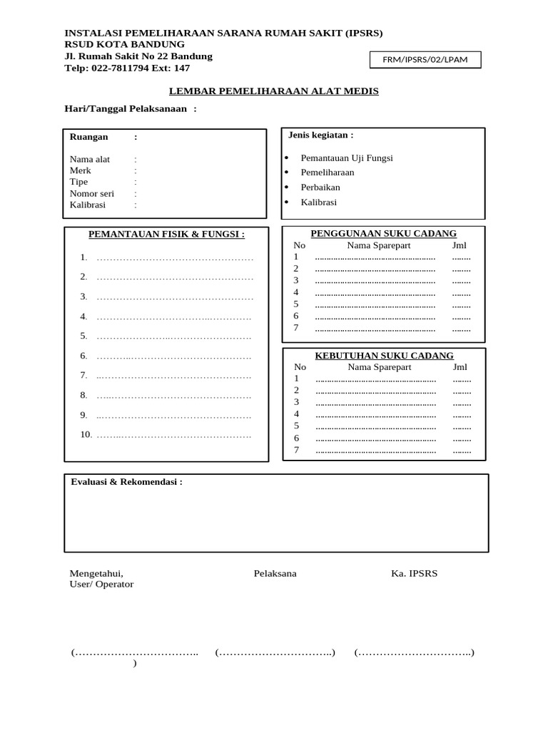 Contoh Form Pemeliharaan Alat Medis | PDF