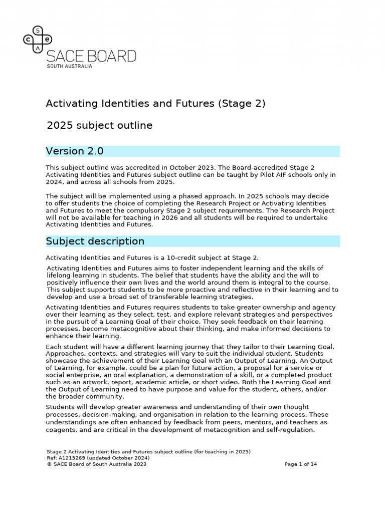 Stage 2 Activating Identities and Futures Subject Outline | PDF ...