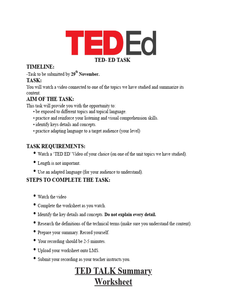 TED-ED Video Summary Task Guide | PDF | Human Communication | Learning