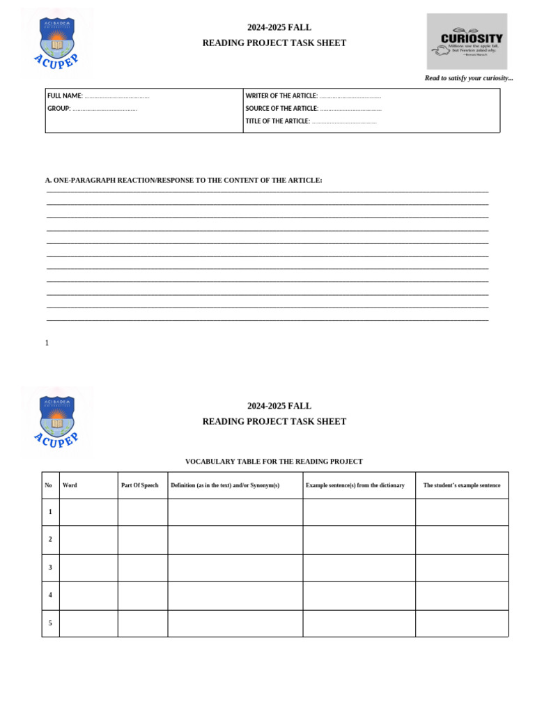 Reading Project Task Sheet | PDF