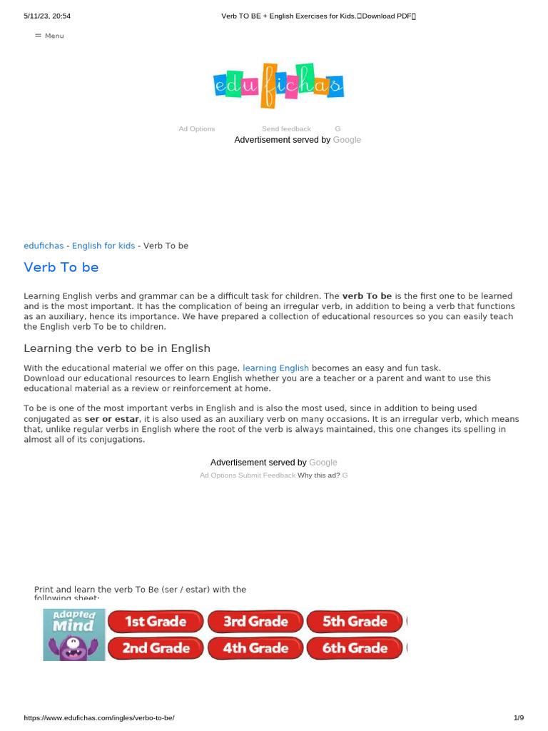 Verb To Be Exercises for Kids PDF | PDF | English Language | Language ...