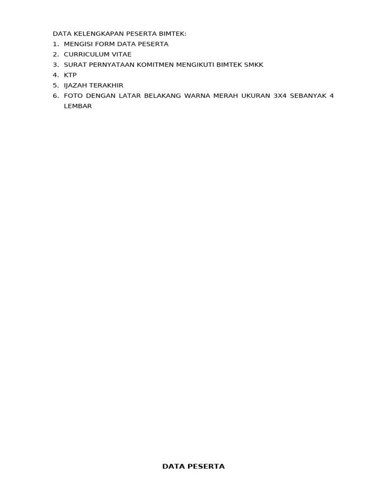 Formulir Dan Cuuriculum Vitae Peserta Bimtek SMKK | PDF