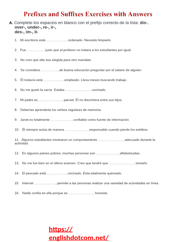 Ejercicios de Prefijos y Sufijos Con Respuestas PDF | PDF