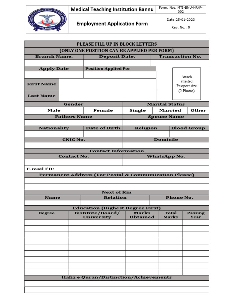 Employment Application Form - MTI Bannu | PDF | Justice | Crime & Violence