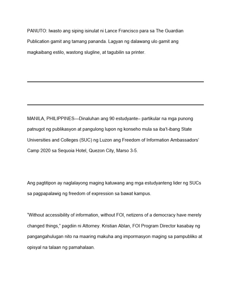 Copyreading Exercises Filipino | PDF