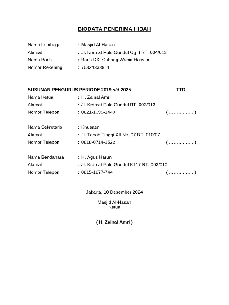 Biodata Penerima Hibah Masjid Al-Hasan | PDF