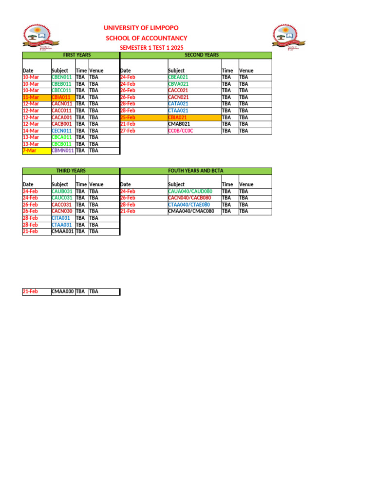 SOA 2025 Semester 1 and 2 Test Timetable | PDF