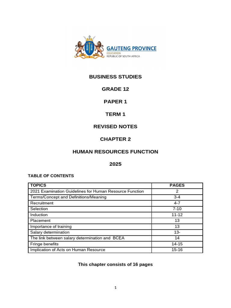 Teacher's Copy 2024 Revised Grade 12 Notes On Human Resources Function ...